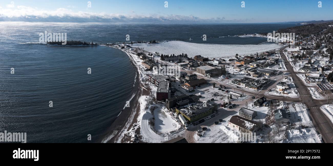 Grand Marias Minnesota on Lake Superior WInter - drone aerial Stock ...