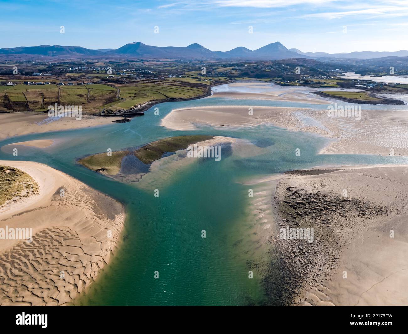 Aerial view of Ballyness Bay and Magheraroarty in County Donegal ...