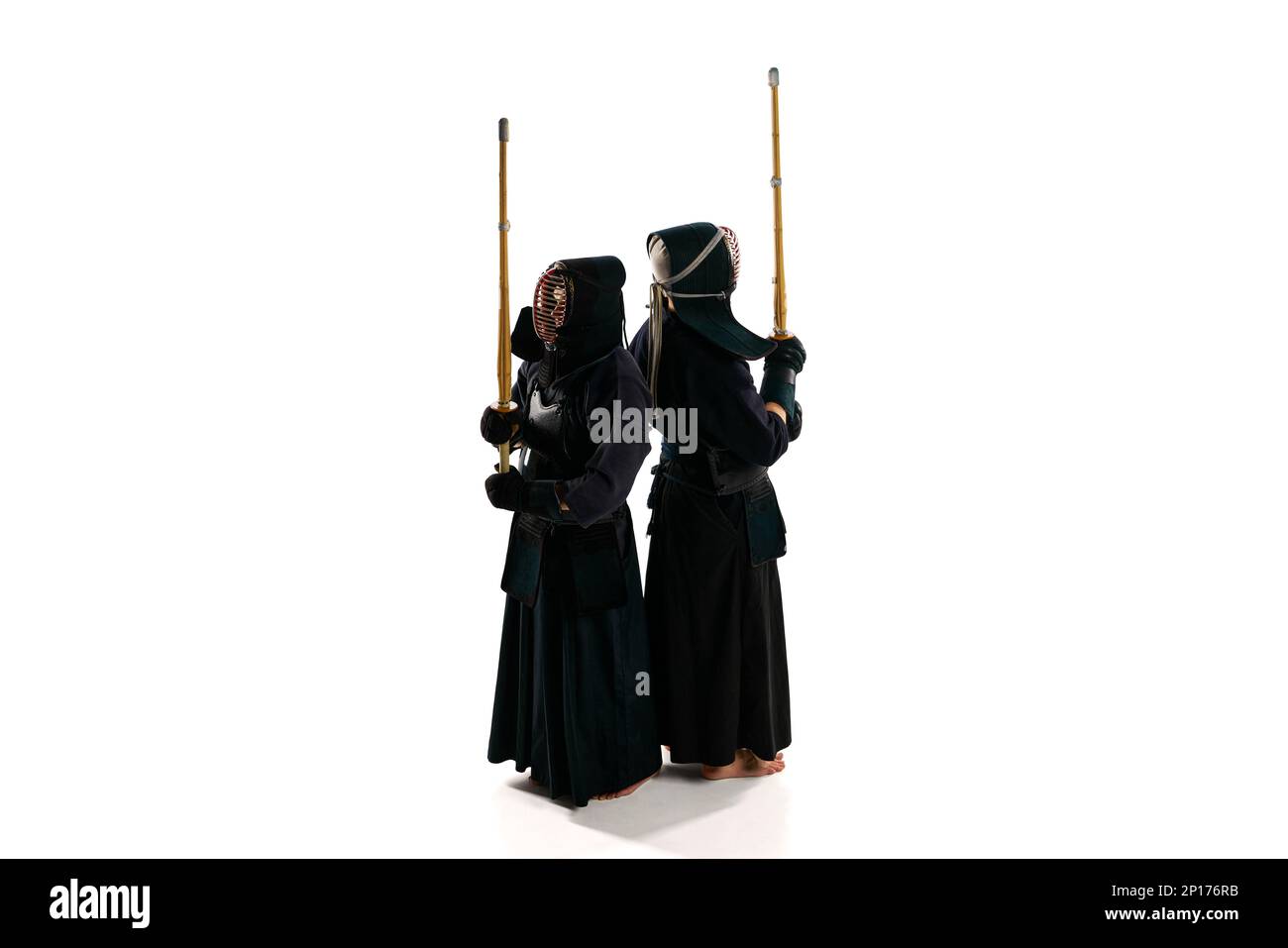 Top view. Back to back. Two men, professional kendo athletes in uniform ...