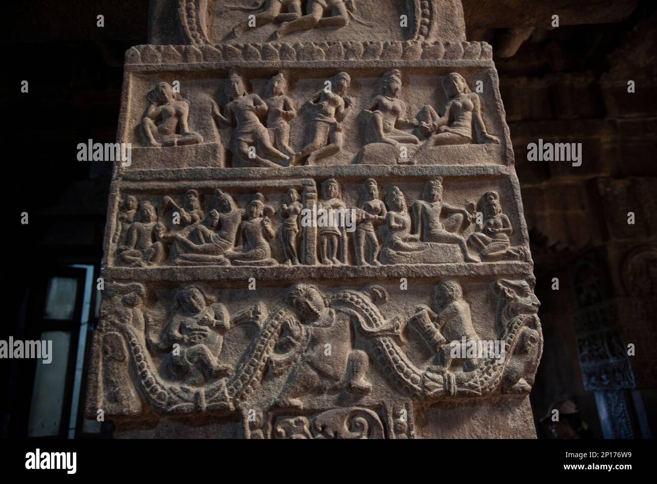 Intricately carved pillars of temple in Pattadakal built during the ...