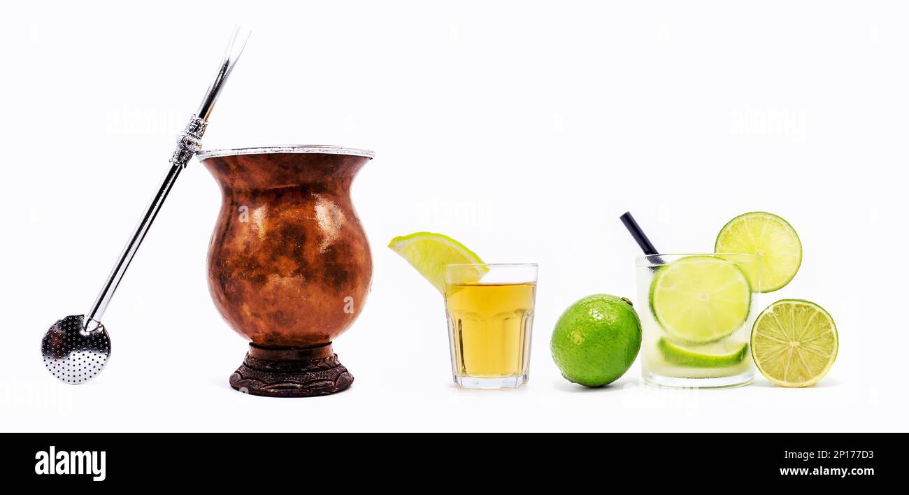 traditional brazilian drinks, cachaça with lemon, chimarrão, cold ...