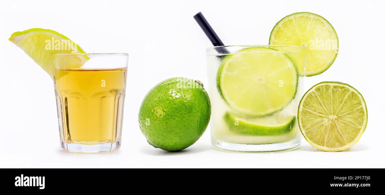 Cachaça and caipirinha, typical Brazilian drink, made with alcohol, ice ...