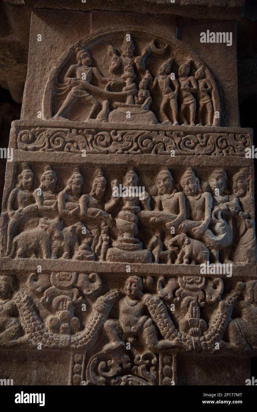 Intricately carved pillars of temple in Pattadakal built during the ...