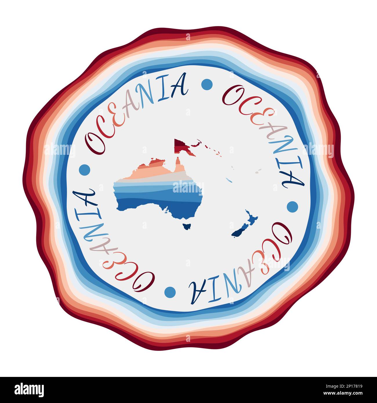 Oceania badge. Map of the continent with beautiful geometric waves and ...
