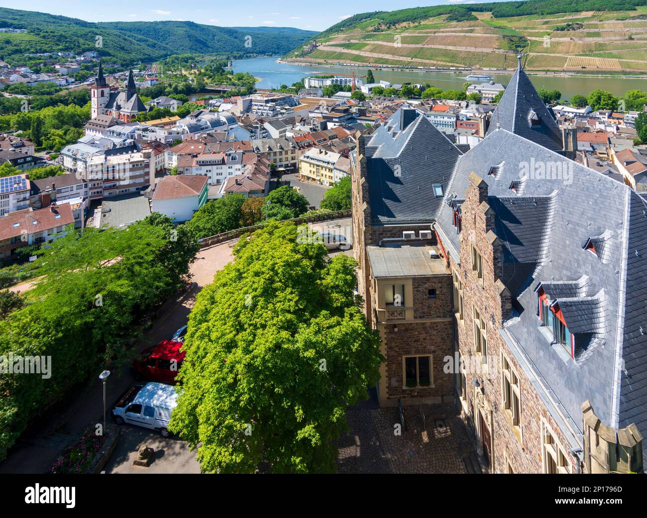 Bingen am Rhein: church Basilica of St. Martin, river Nahe (left) and ...
