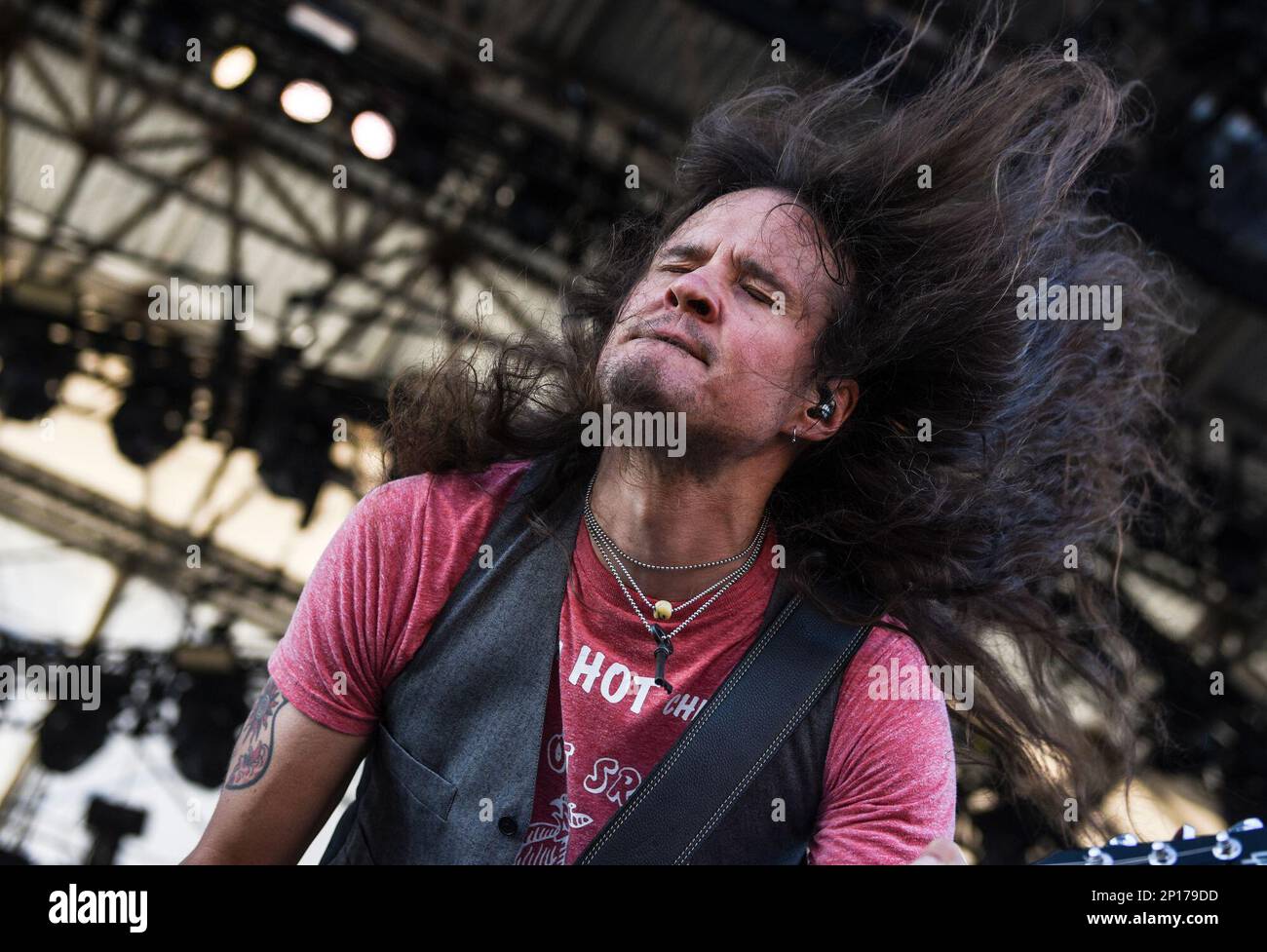 Dave Rude, guitarist of Tesla, performs at Hersheypark Stadium in ...