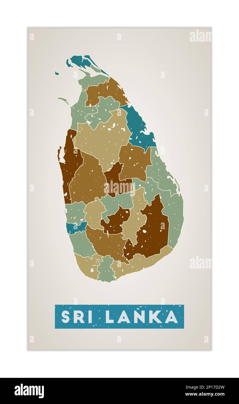 Sri Lanka map. Country poster with regions. Old grunge texture. Shape ...