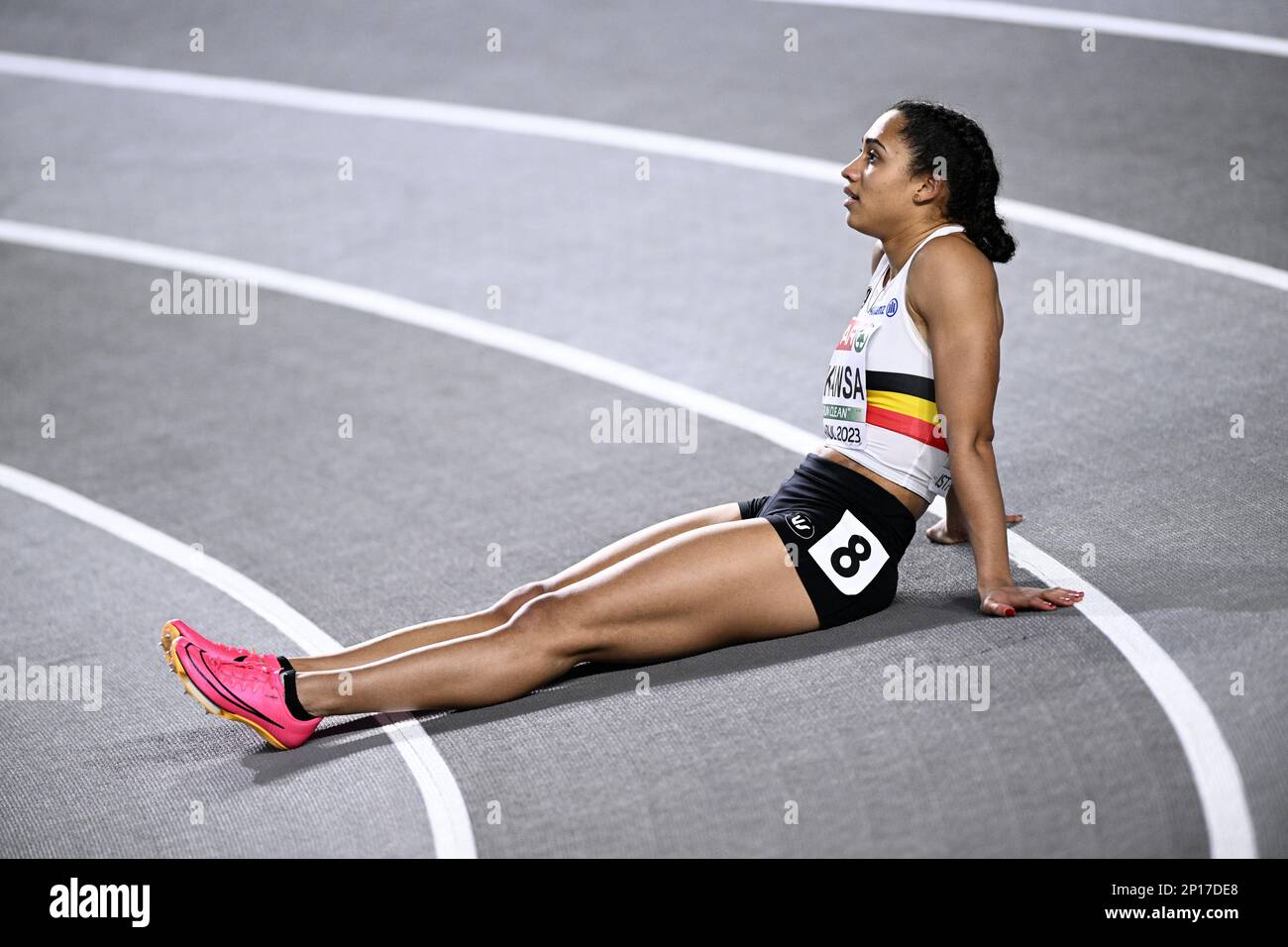 Belgian Delphine Nkansa celebrates after the women's 60m final at the ...