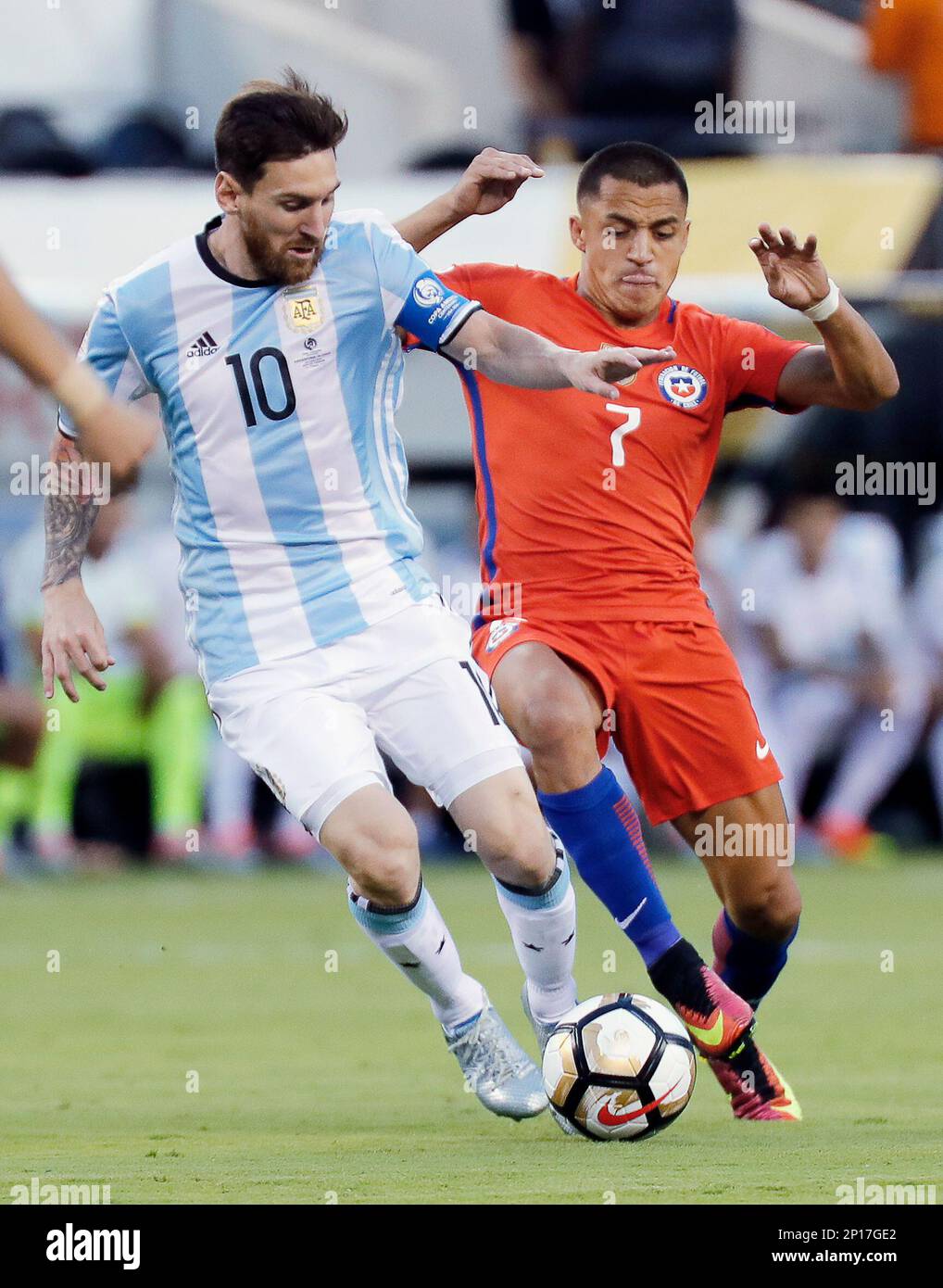 26 June, 2016: Lionel Messi (10) of Argentina battles with Chile ...