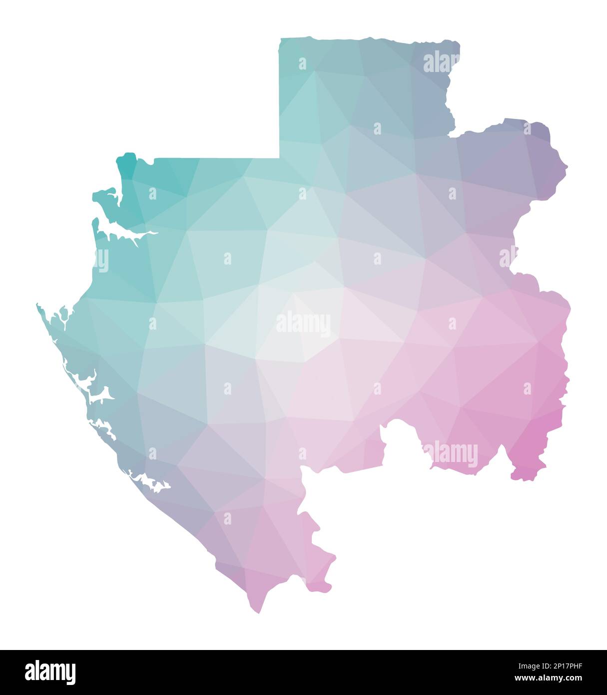 Polygonal map of Gabon. Geometric illustration of the country in emerald and amethyst colors ...