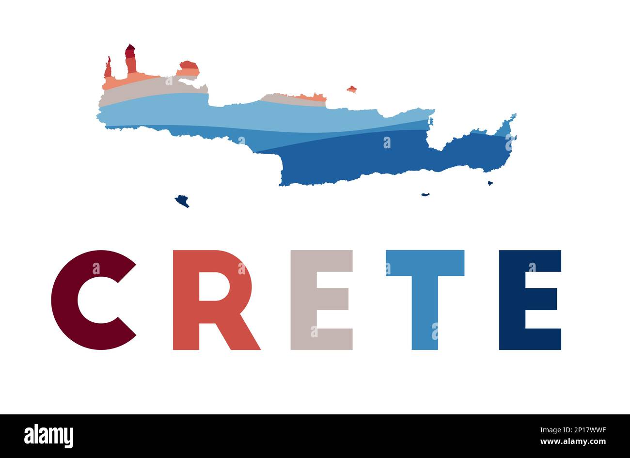 Crete map. Map of the island with beautiful geometric waves in red and ...