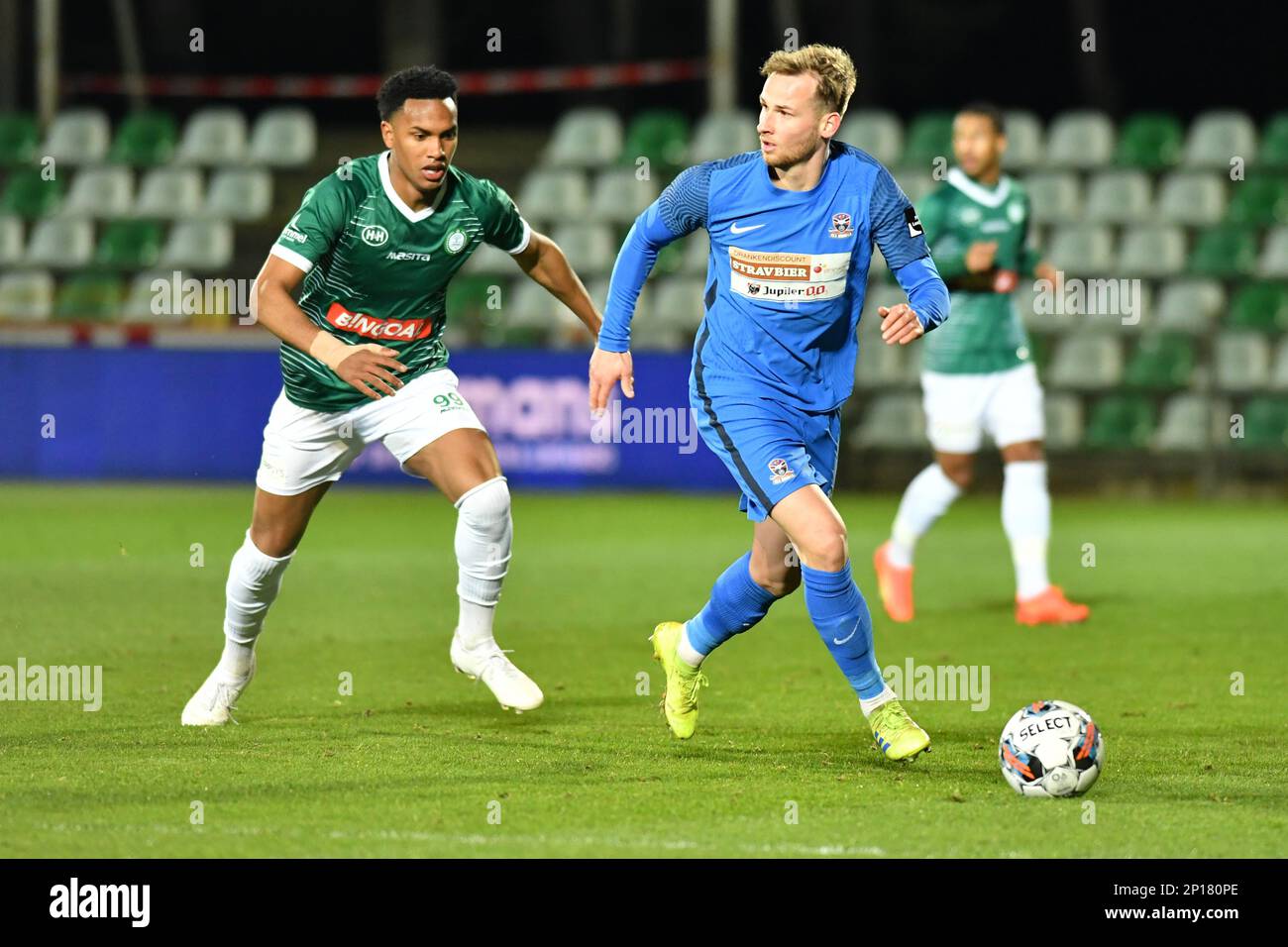 Lommel's Vinicius Dos Santos Caue and Dender's Olivier Myny pictured in ...