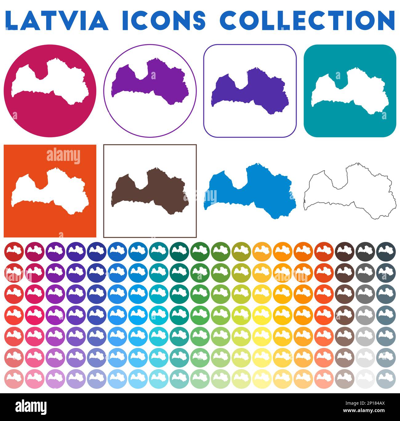 Latvia icons collection. Bright colorful trendy map icons. Modern Latvia badge with country map ...