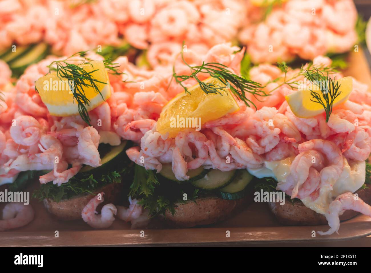 Swedish sandwich with shrimp and egg, traditional finnish style seafood ...