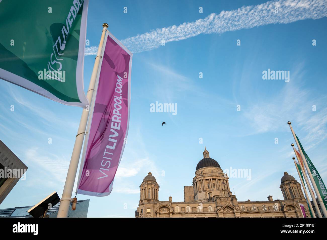 Visiting Flags of Liverpool City in front of Port of Liverpool Building ...