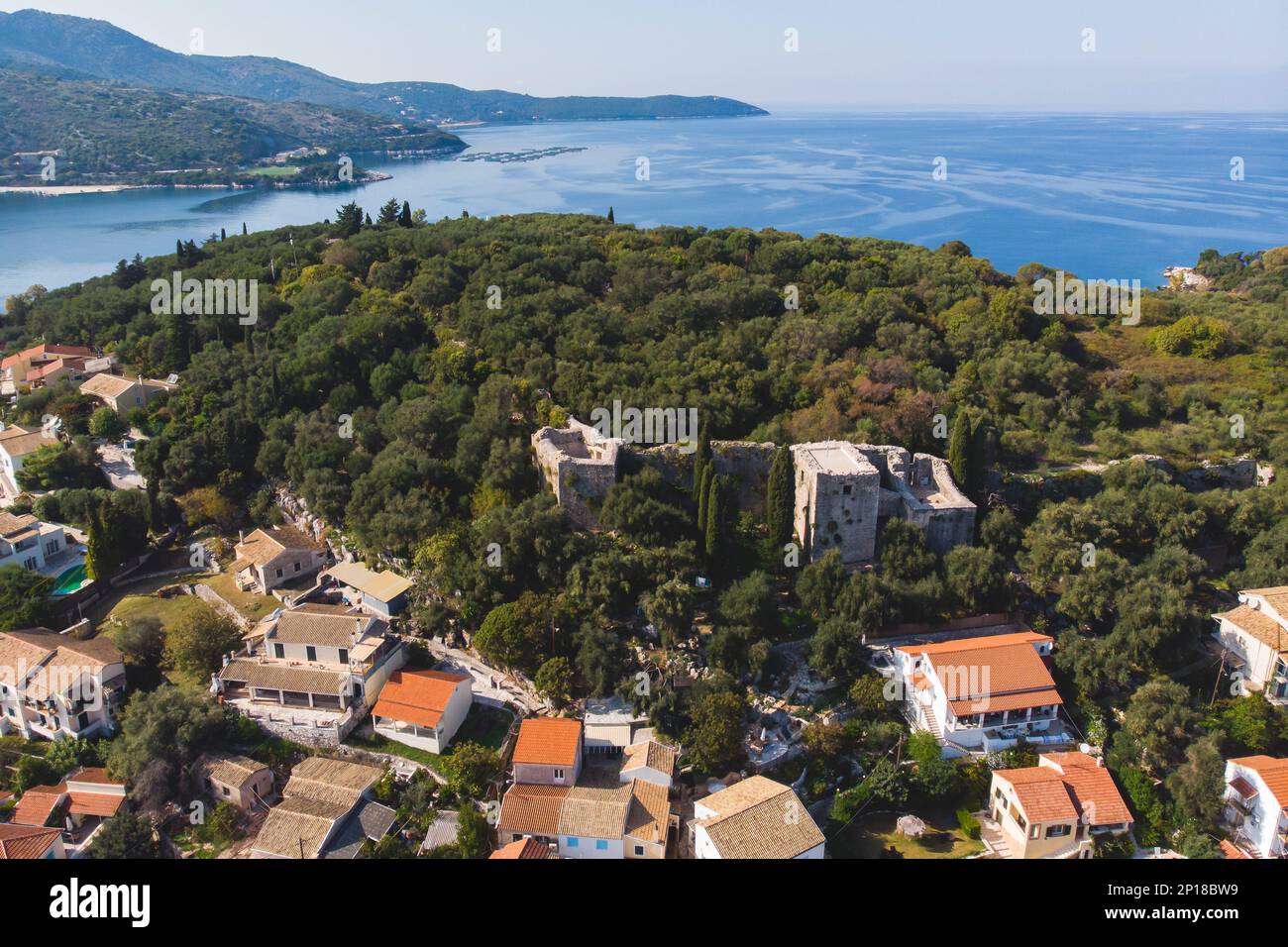 Aerial drone view of Kassiopi, village in northeast coast of Corfu ...