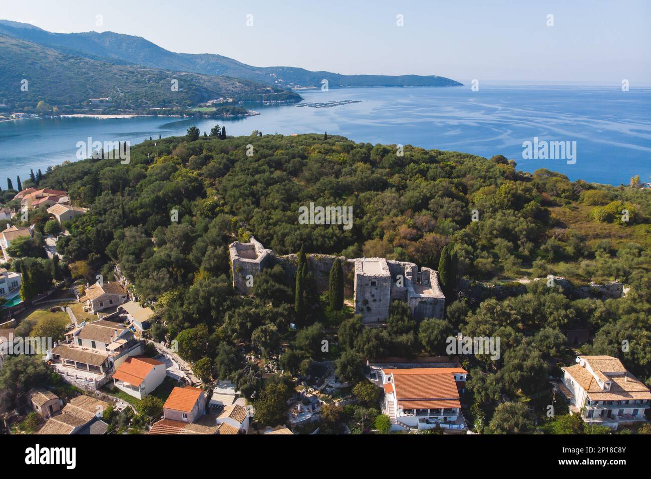 Aerial drone view of Kassiopi, village in northeast coast of Corfu ...
