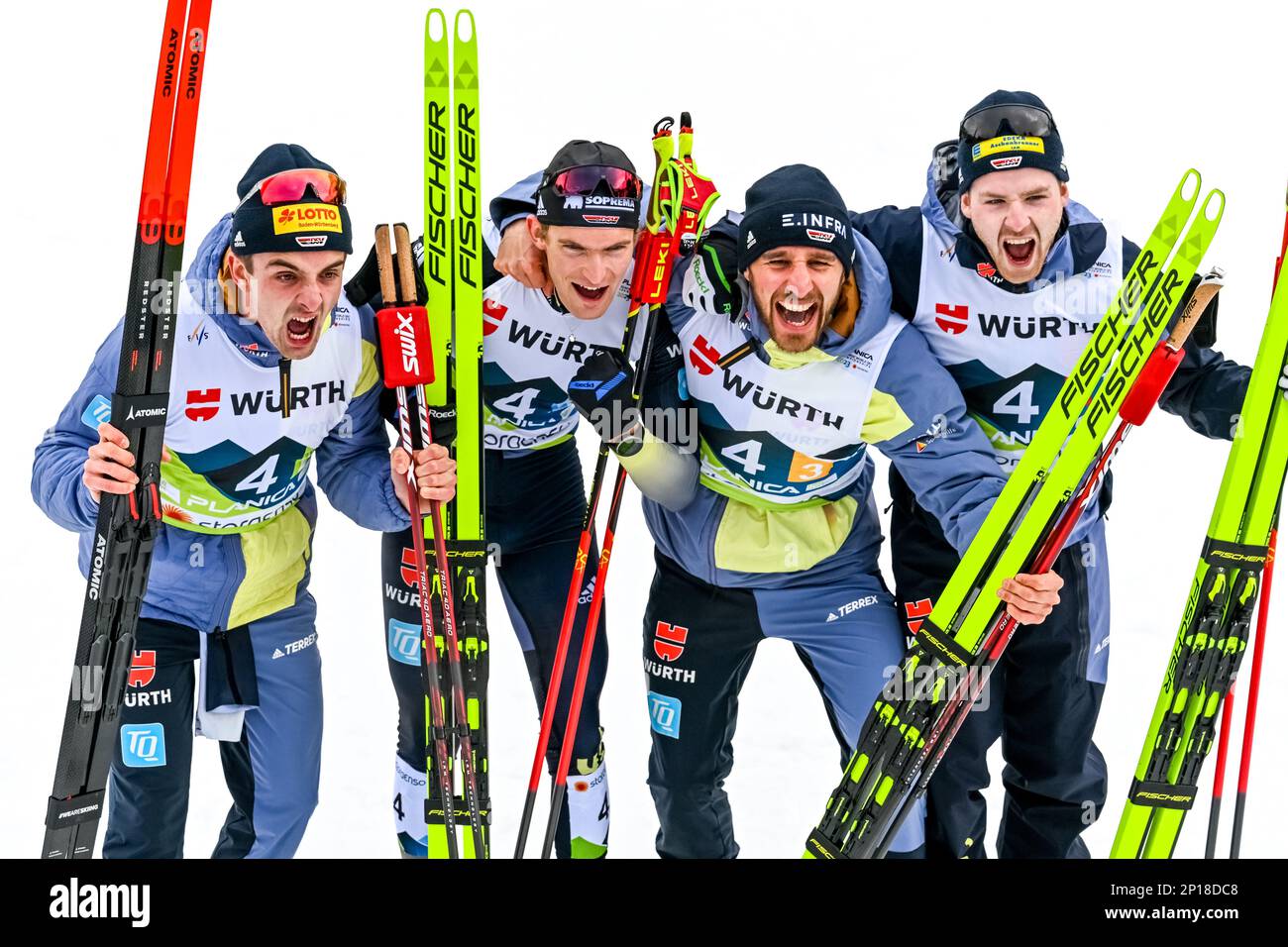 Planica, Slovenia. 03rd Mar, 2023. Members of team Germany celebrate their third place in the ...