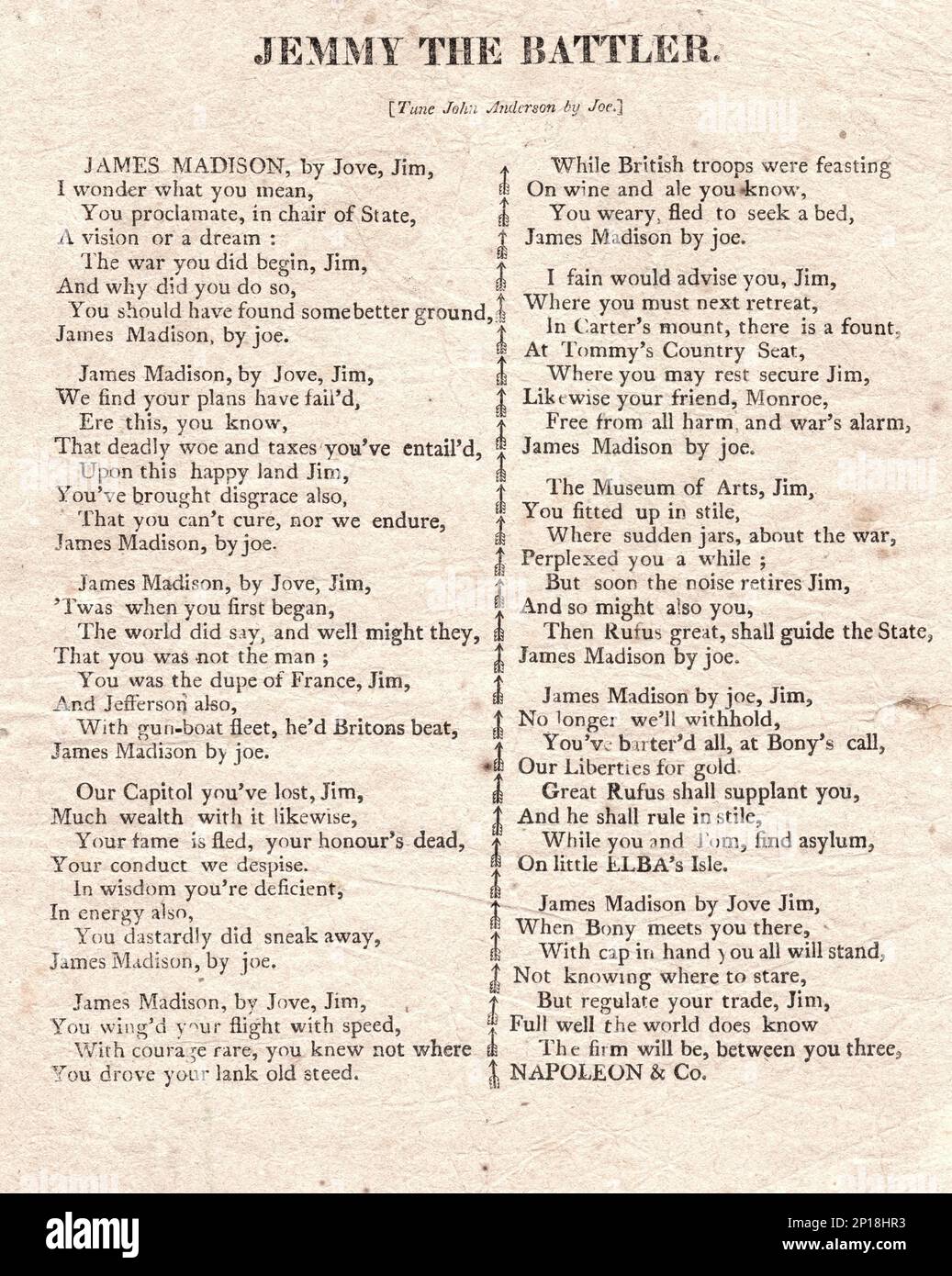 Jimmy the Battler, rare broadside sheet music ca. 1813 anti-James ...