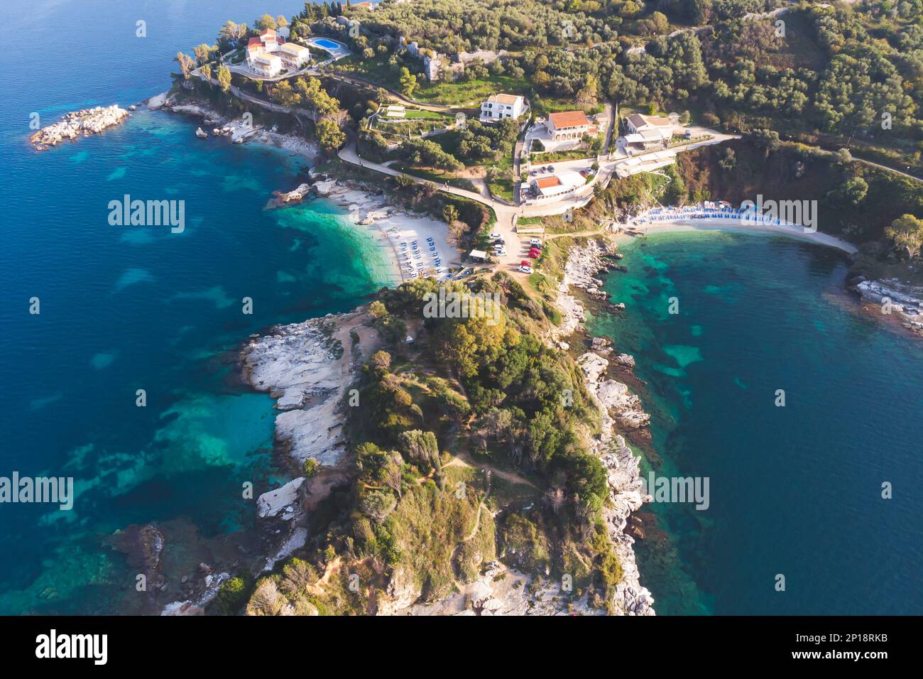 Aerial drone view of Kassiopi, village in northeast coast of Corfu ...