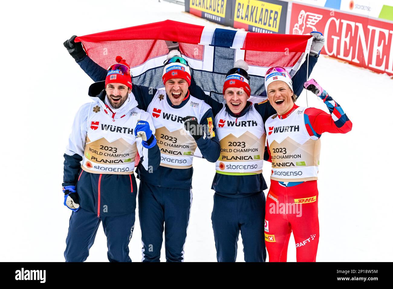 Members of team Norway celebrate their victory during the Cross Country Men Relay 4x10 km ...