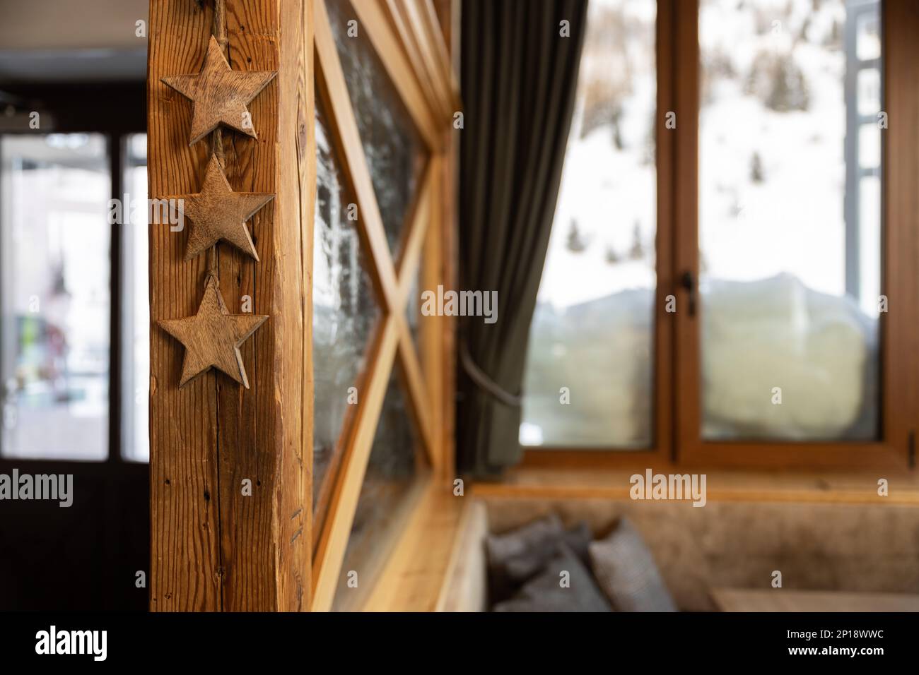 Fragment of the interior of an Alpine restaurant in Austria, view with ...