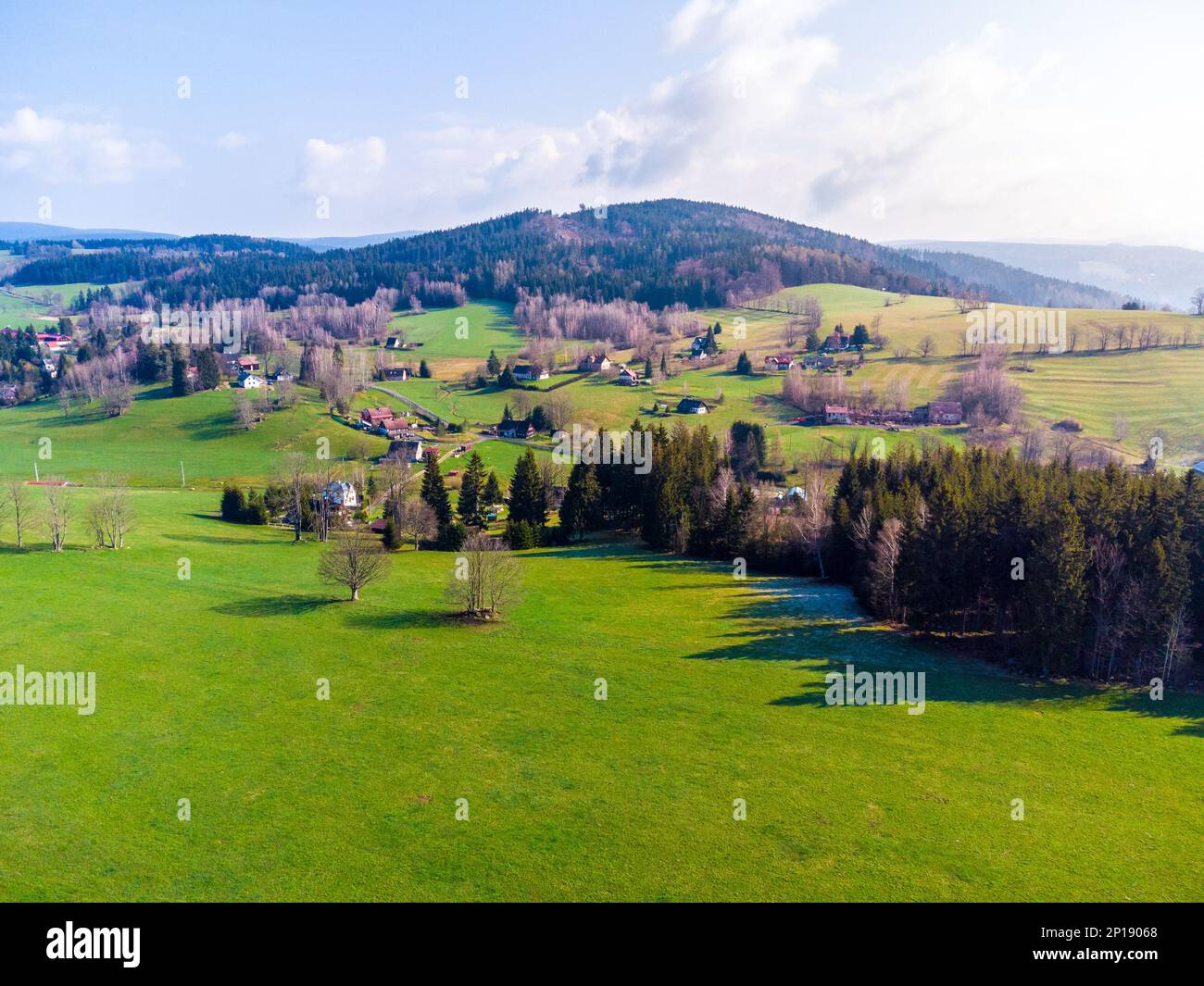 Lush green spring hilly landscape of Jizera Mountains, Czech Republic ...