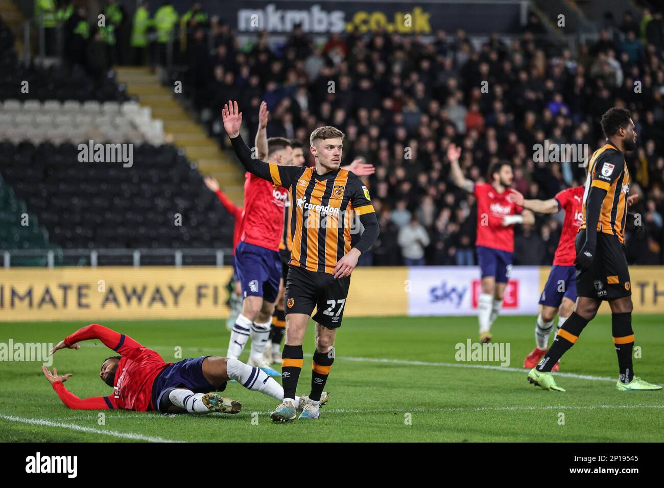 Regan Slater #27 of Hull City appeals for a corner during the Sky Bet ...