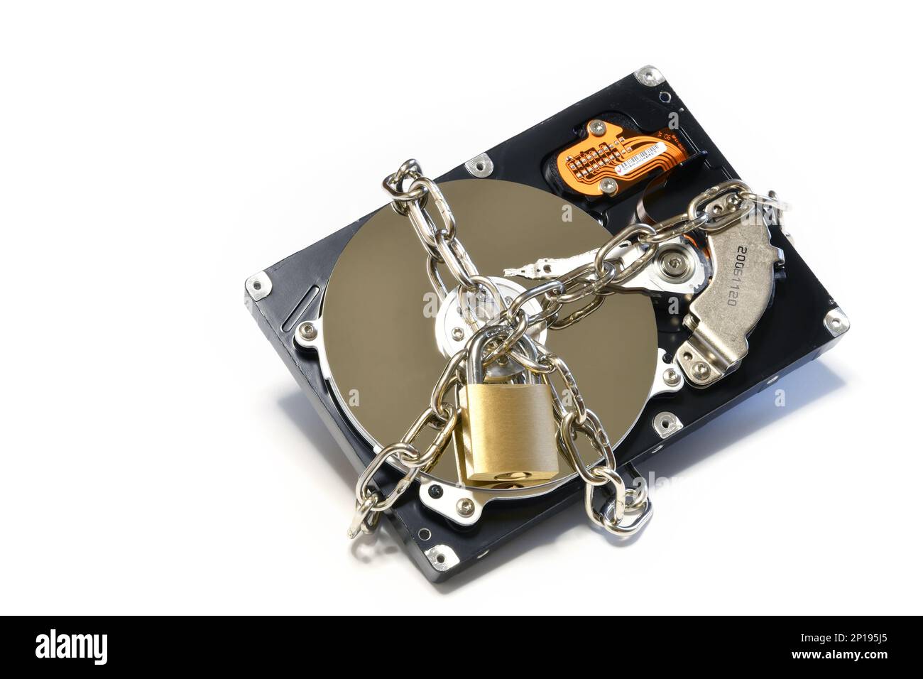 Open hard drive secured with an iron chain and padlock. Cyber security ...
