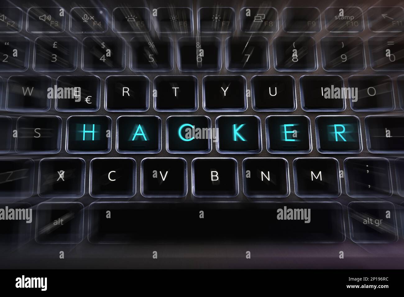 Hacker written on the keys of a laptop backlit keyboard. Internet data ...