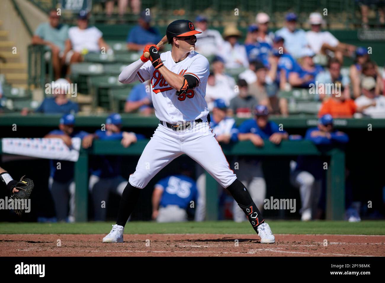 Baltimore Orioles Coby Mayo (95) bats during a spring training baseball ...