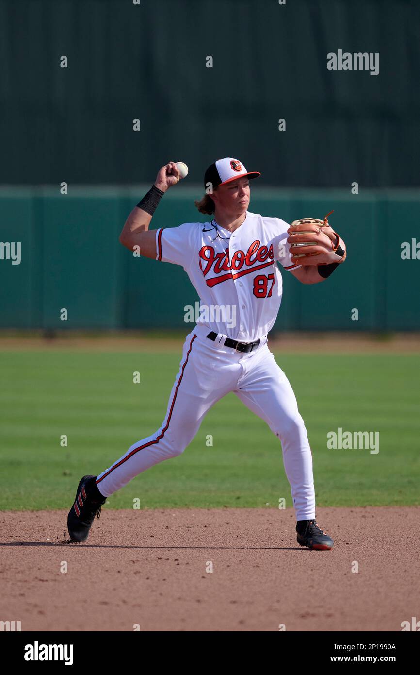 Baltimore Orioles shortstop Jackson Holliday (87) throws to first base ...