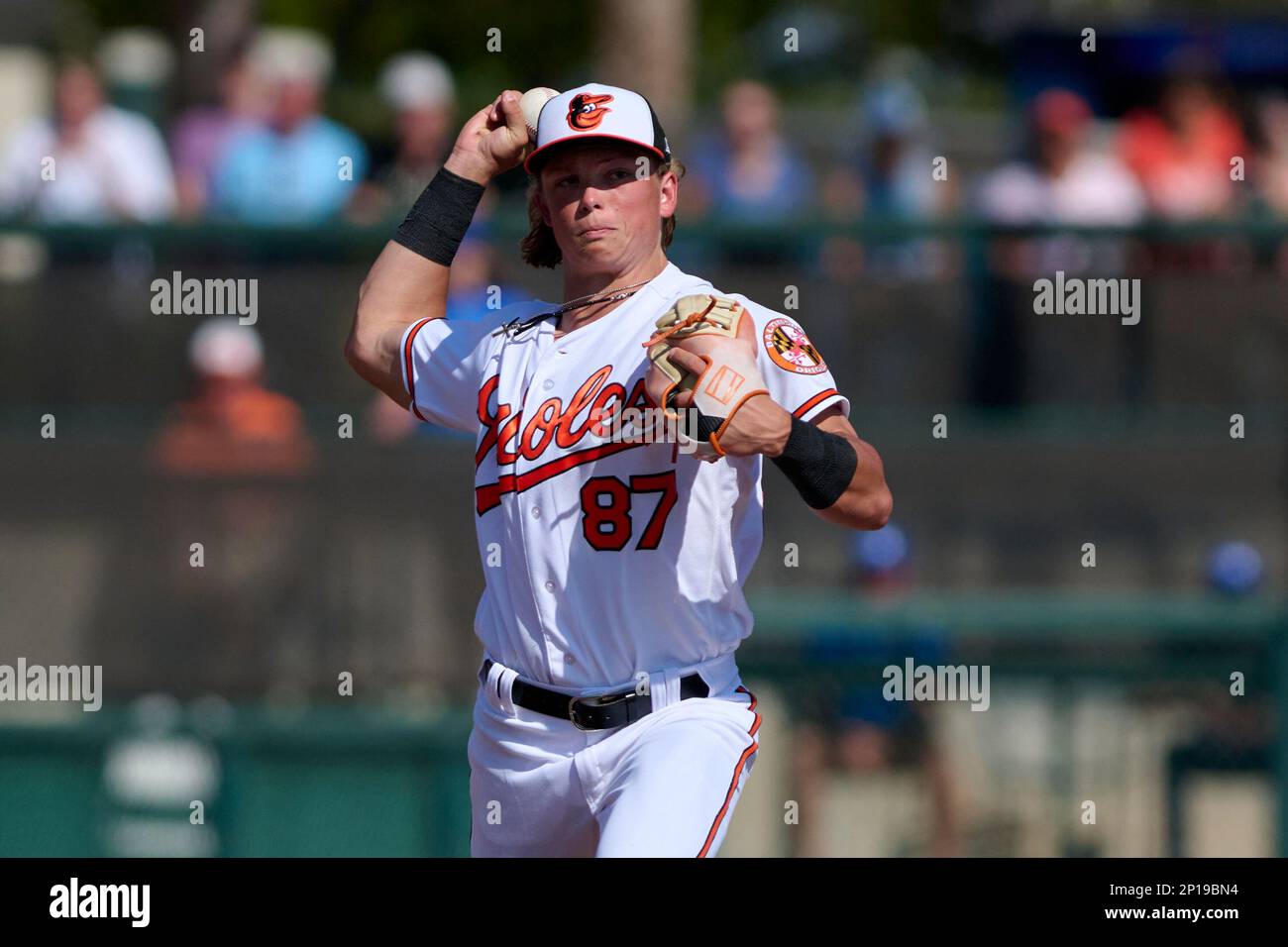 Baltimore Orioles shortstop Jackson Holliday (87) throws to first base ...