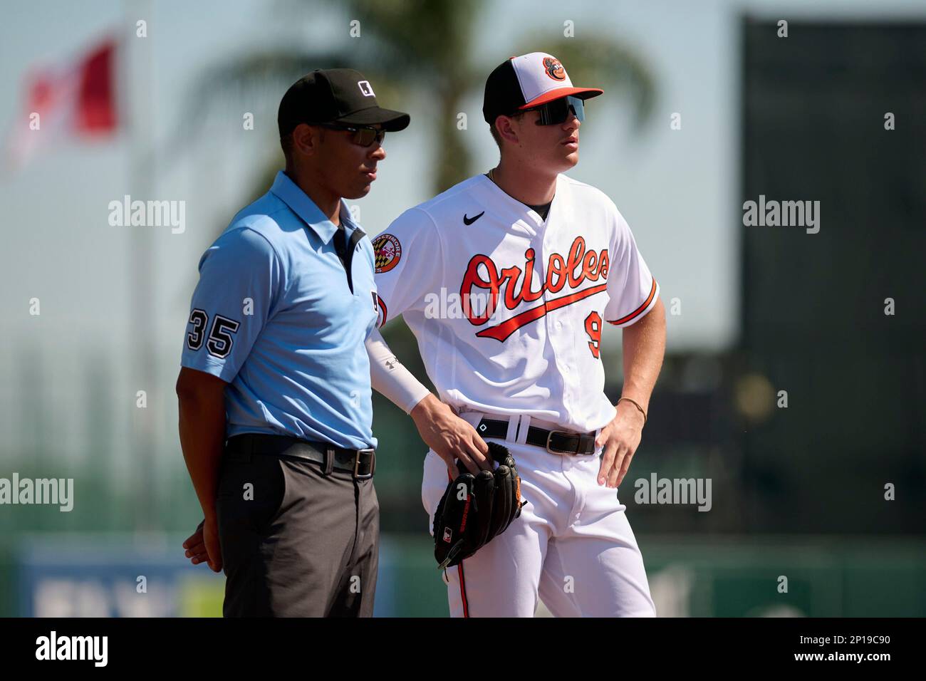 Baltimore Orioles third baseman Coby Mayo (95) talks with umpire ...