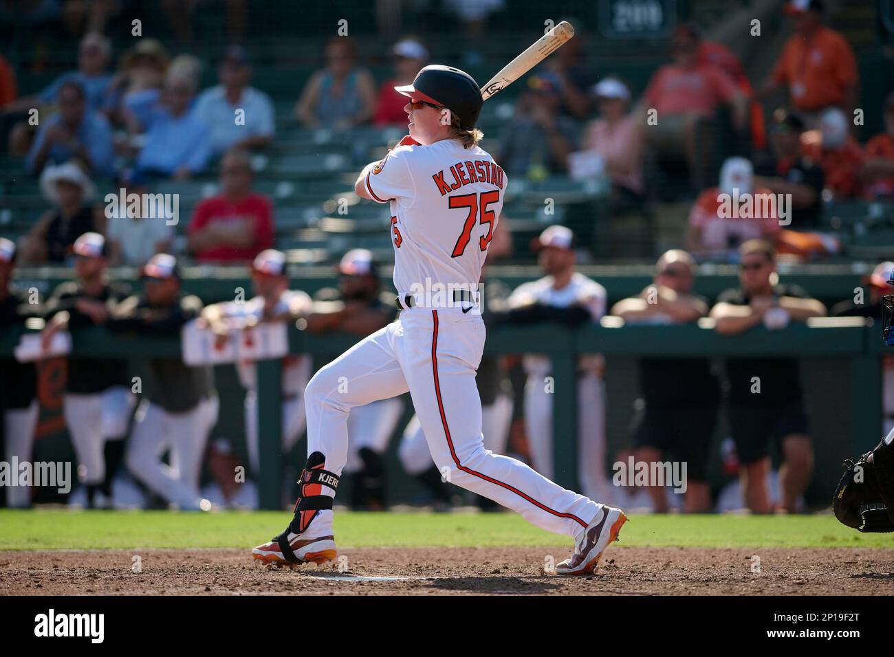 Baltimore Orioles Heston Kjerstad (75) hits a single during a spring ...