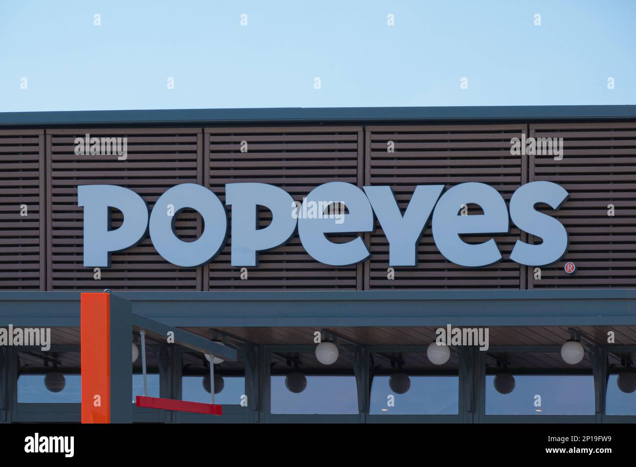 Finestrat, Spain - March 2, 2023: Popeyes logo sign on entrance of ...