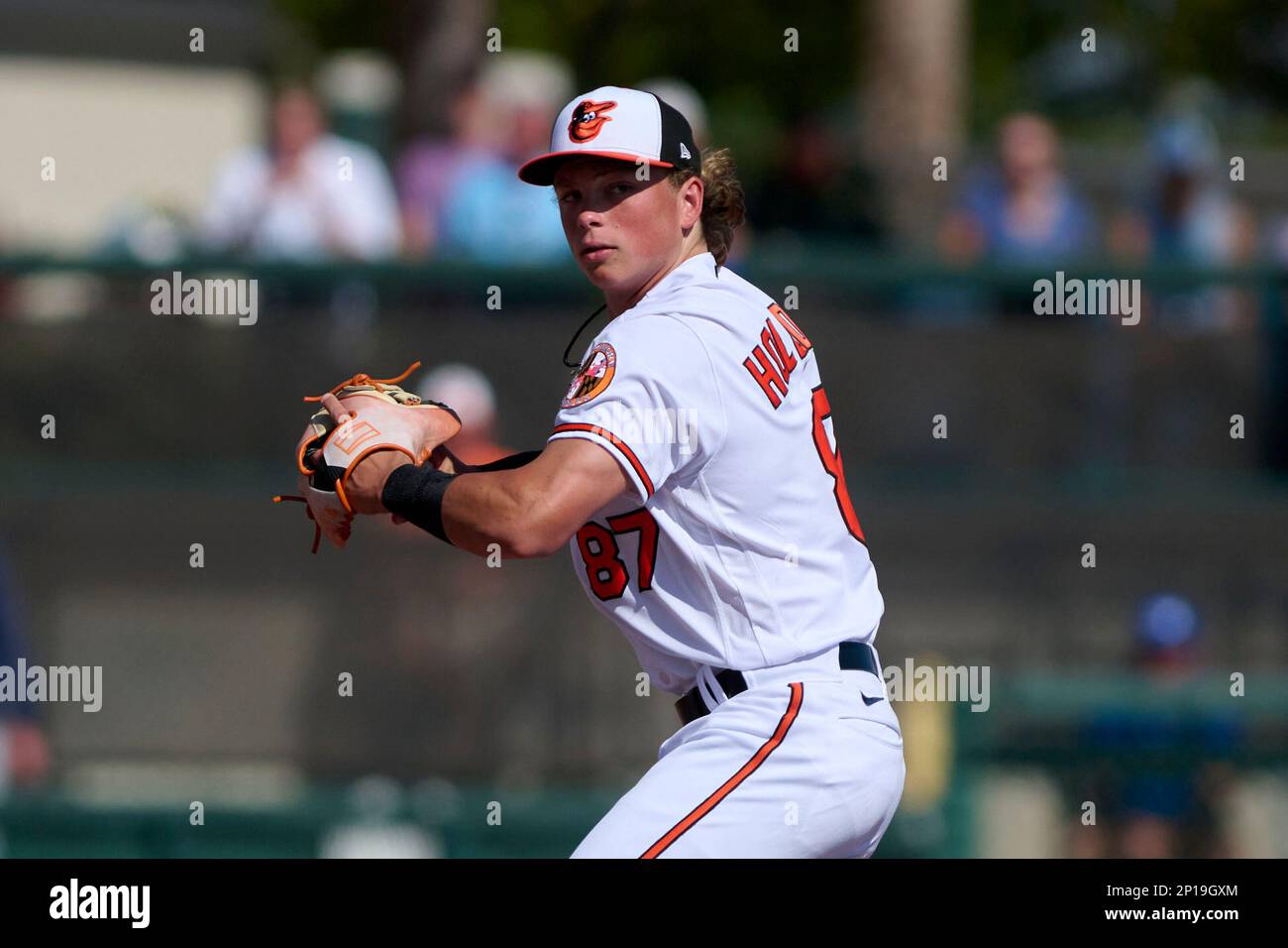 Baltimore Orioles shortstop Jackson Holliday (87) throws to first base ...