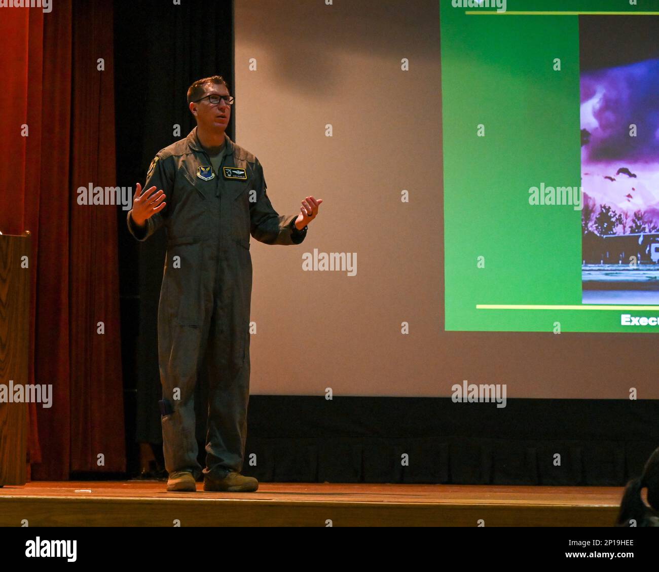 Col. Daniel Hoadley, 5th Bomb Wing commander, speaks at a 5 BW all-call ...