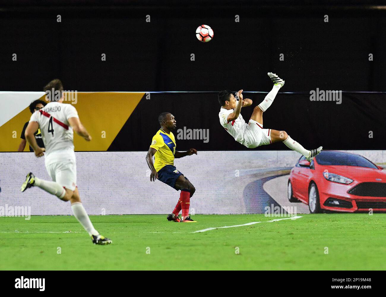 Peru forward Raul Ruidiaz (11) executes a bicycle kick during second ...