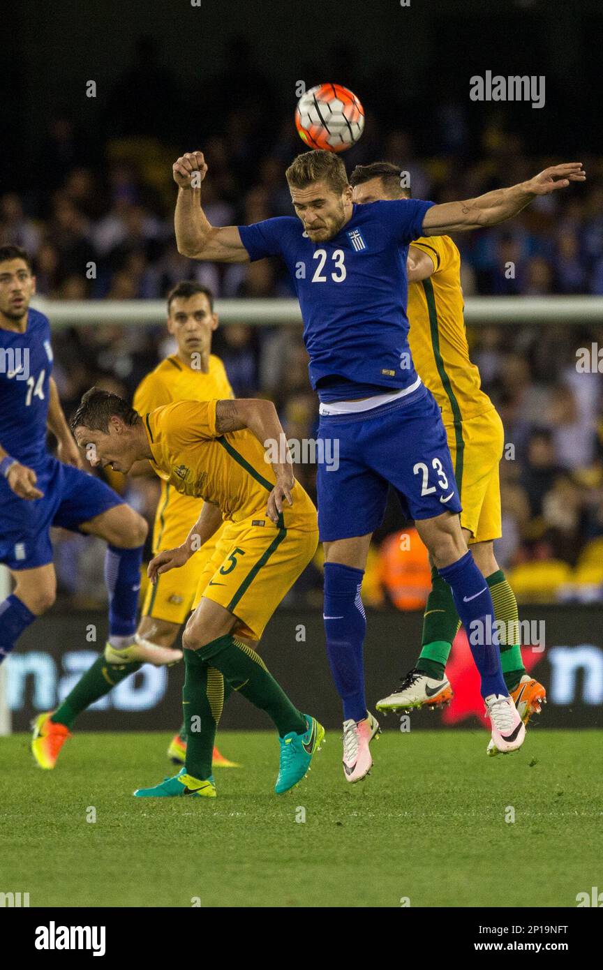 7 Jun 2016: Athanasios Papazoglou of the Greece National Football Tea and Mark Milligan of the ...