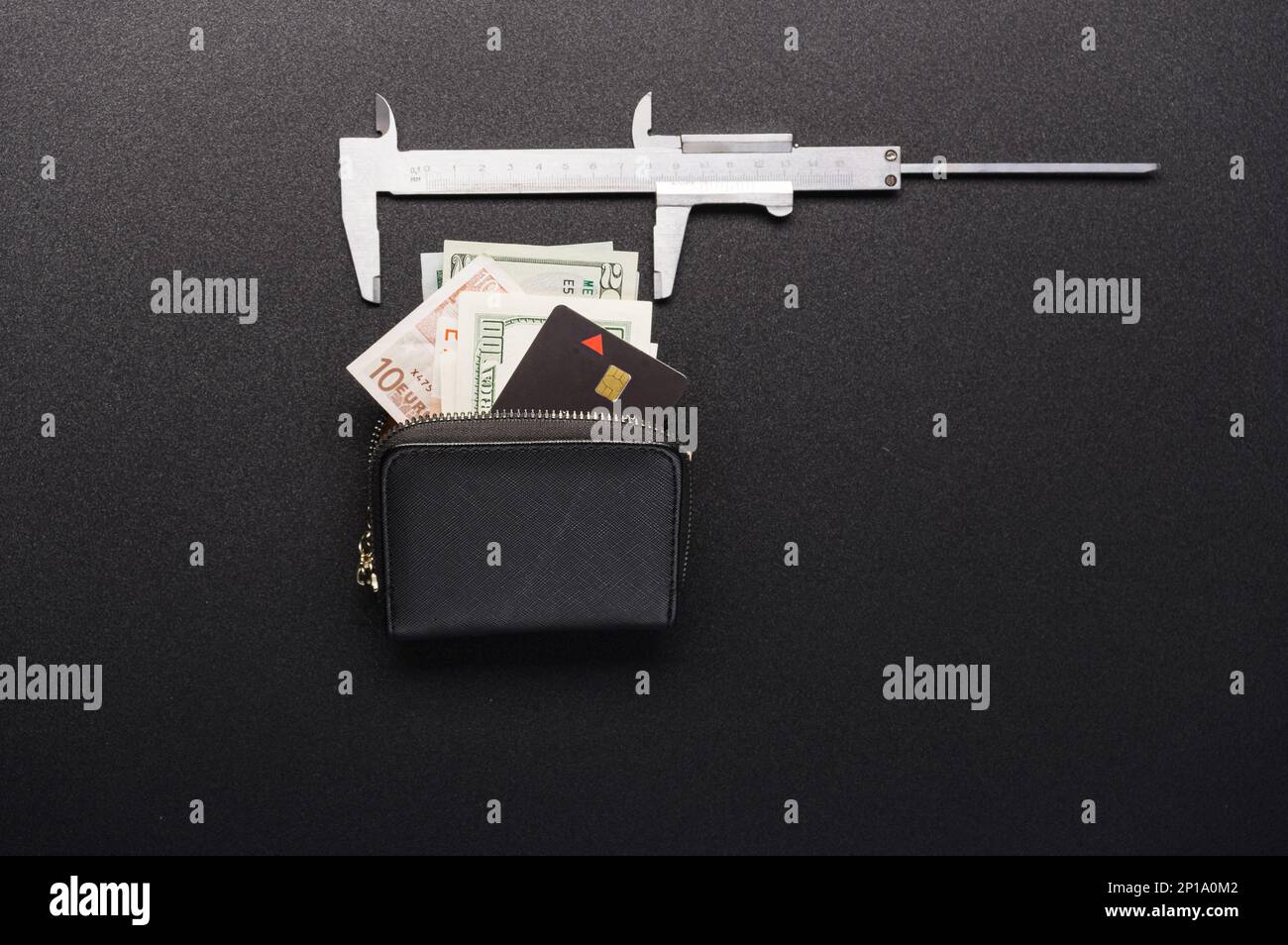 Measuring finance. Budget measurement. Caliper and wallet. Money and ...