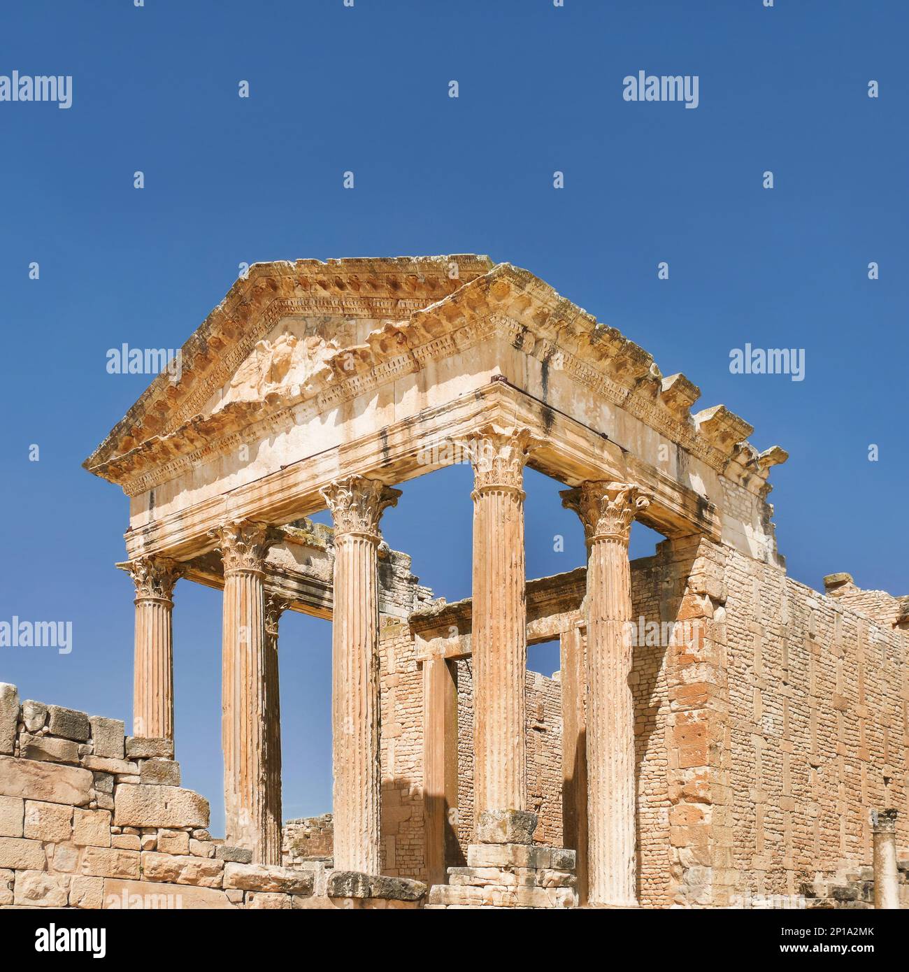 Ruins of Dougga or Thugga or TBGG. Archaeological site of Berber, Punic ...
