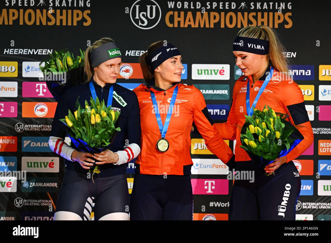 HERENVEEN - Vanessa Herzog (AUT) Femke Kok and Jutte Leerdam during the ...
