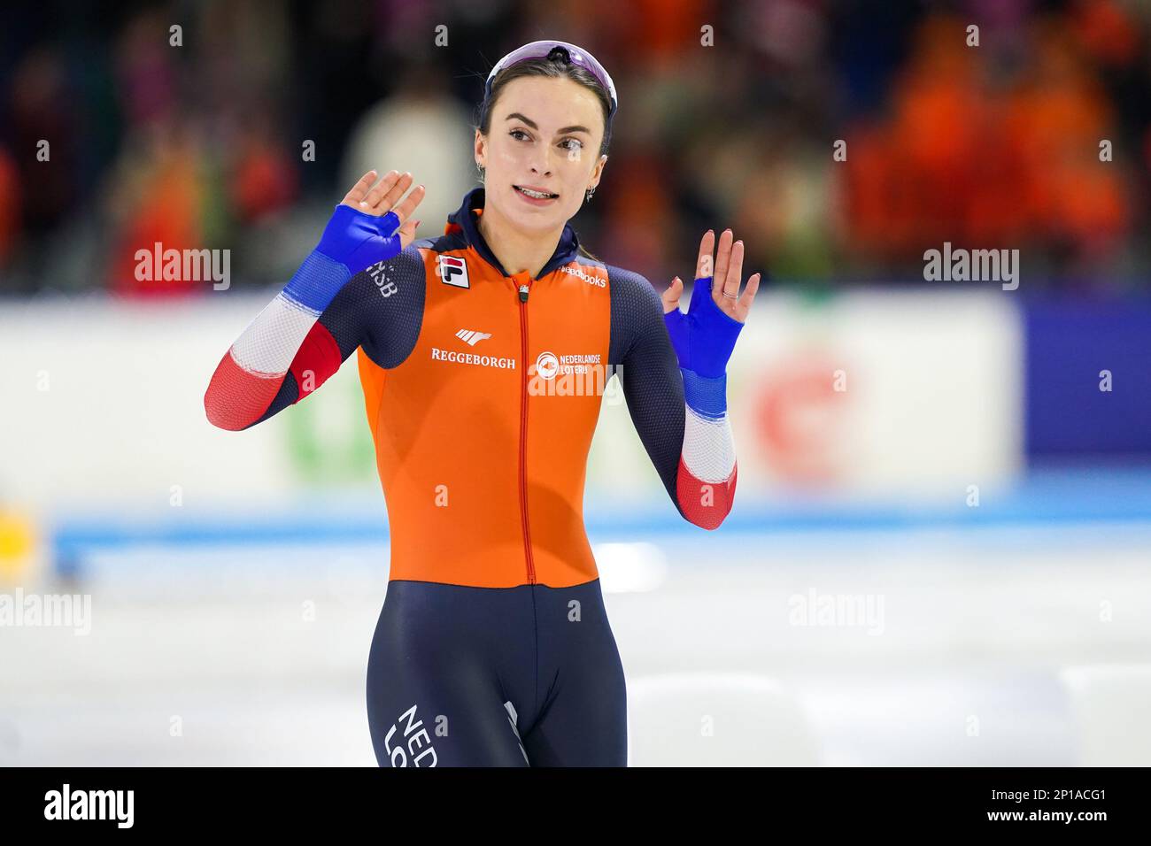 HEERENVEEN, NETHERLANDS - MARCH 3: Femke Kok of Netherlands reacts ...