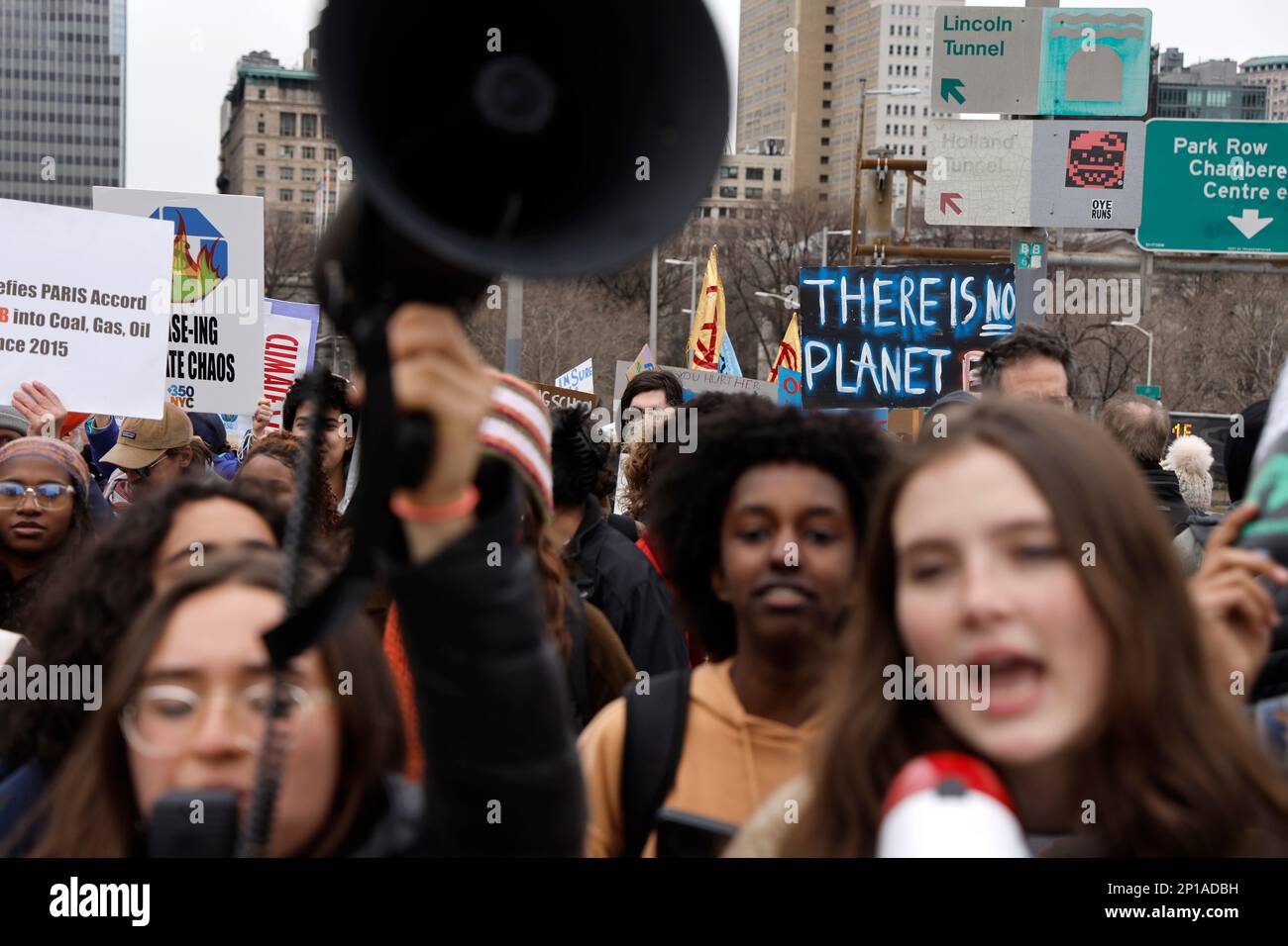 New York City, USA. 03rd Mar, 2023. People march with signs chanting ...