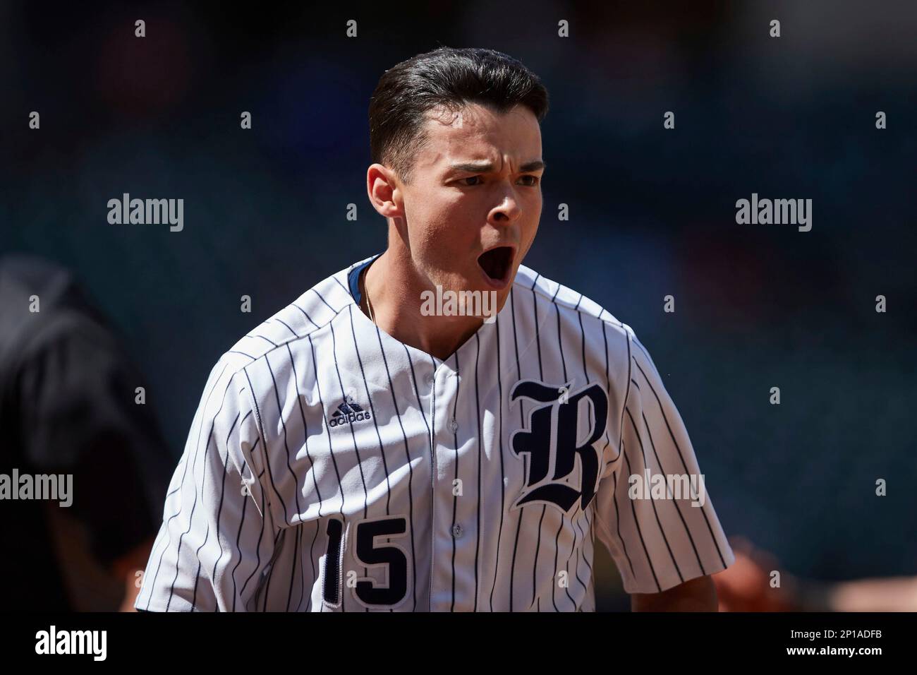Jack Riedel (15) of the Rice Owls celebrates after hitting a home run ...