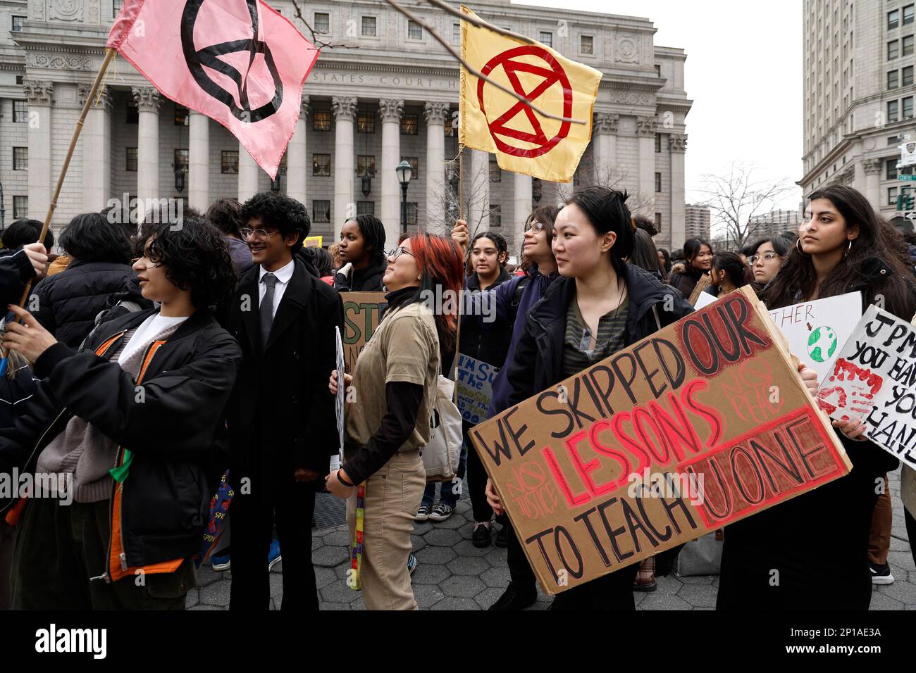 New York City, USA. 03rd Mar, 2023. People march with signs chanting ...