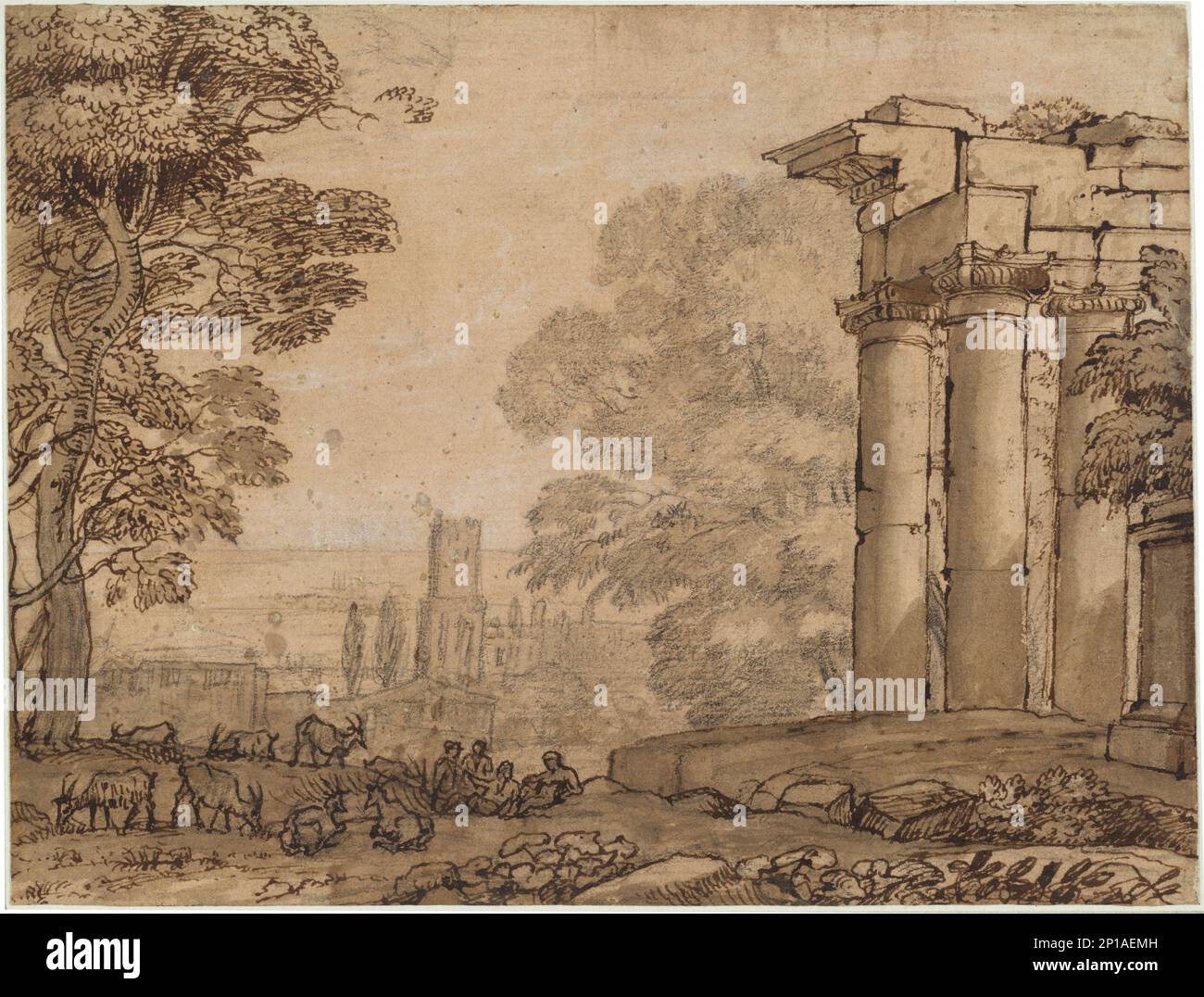 Landscape with Ruins, Pastoral Figures, and Trees, c. 1650 Stock Photo ...
