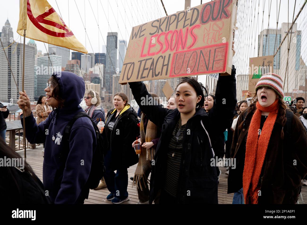 New York City, USA. 03rd Mar, 2023. People march with signs chanting ...