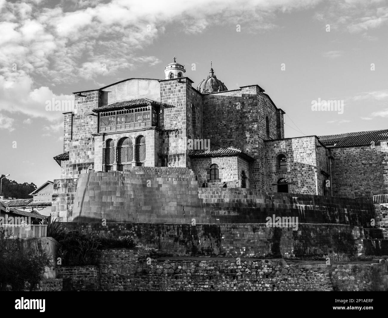 Main Incan temple Qoricancha or Coricancha in Cusco, Peru. Black and ...